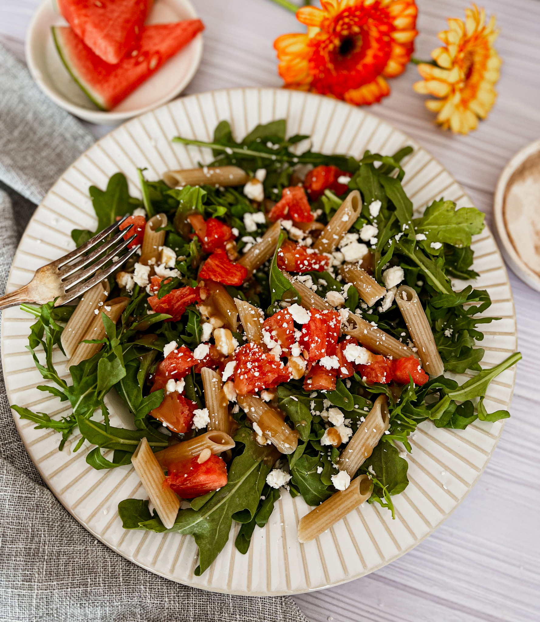 Five Ingredient Watermelon Feta Pasta Salad - Burnt Apple